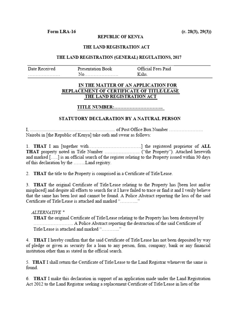 Form LRA 16 STATUTORY DECLARATION BY A NATURAL PERSON | PDF | Private ...