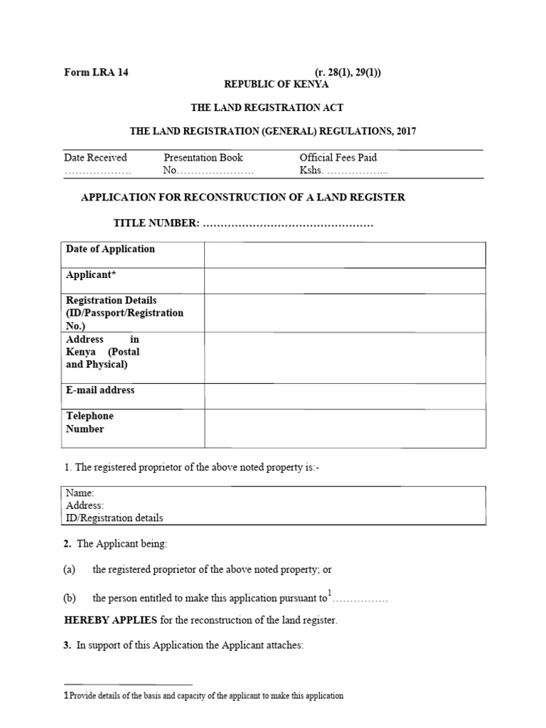 Form LRA 14 APPLICATION FOR RECONSTRUCTION OF A LAND REGISTER | PDF ...
