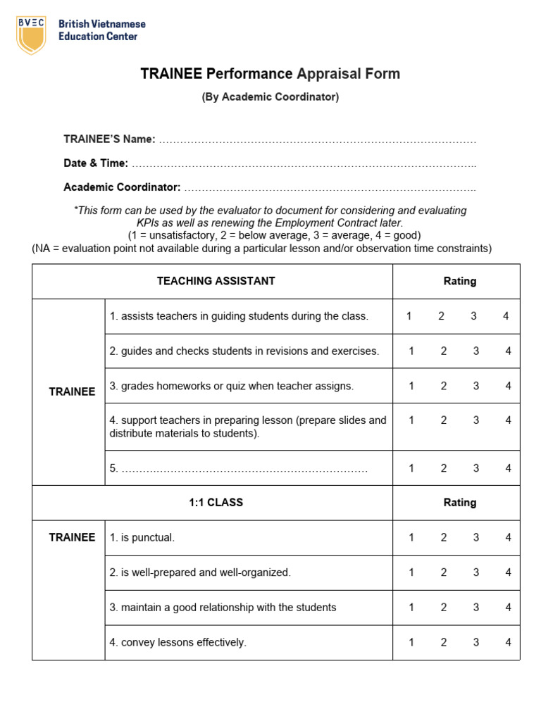 (BVEC) TRAINEE Performance Appraisal Form | PDF | Cognition | Human ...