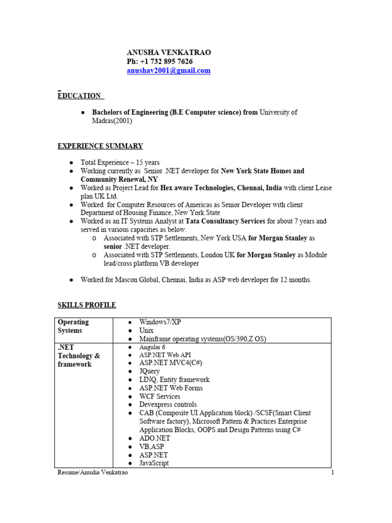 Dice Resume CV Anusha Venkatrao | PDF | J Query | Entity Framework
