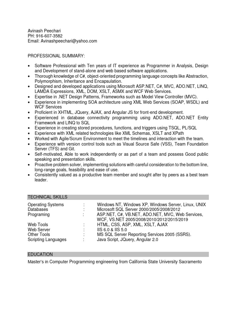 Dice Resume CV Avinash Peechari | Download Free PDF | World Wide Web ...