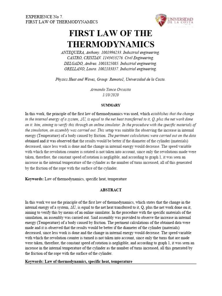 7-Laboratory Report - First Law of Thermodynamics | PDF | Heat ...