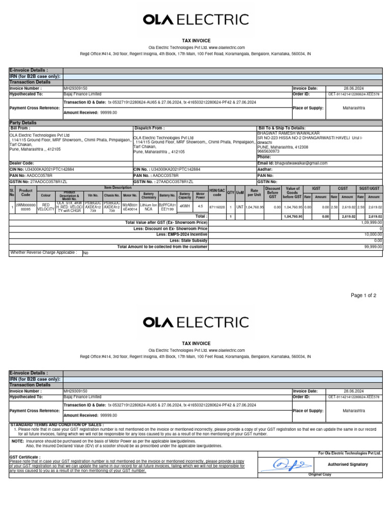 Ola Electric Scooter Tax Invoice | PDF | Invoice | Government Finances