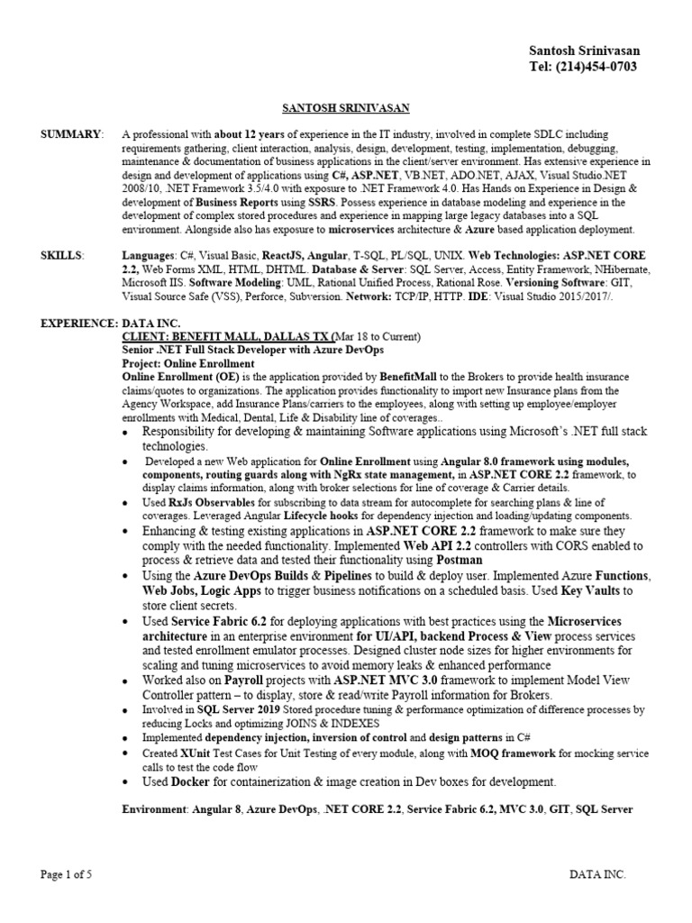 Dice Resume CV Santosh Srinivasan | PDF | Microsoft Sql Server ...