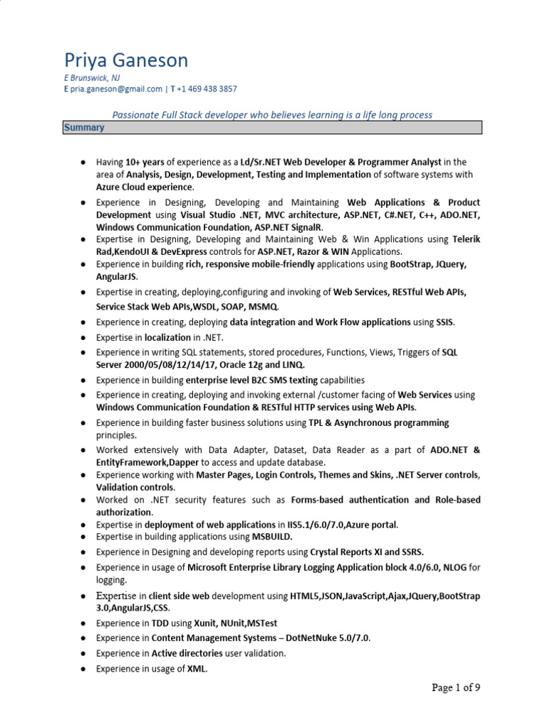Dice Resume CV Priya Ganeson | PDF | World Wide Web | Internet & Web