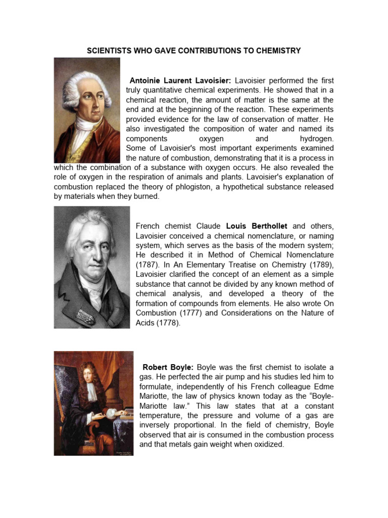 Key Figures in Chemistry History | PDF | Chemistry | Atoms