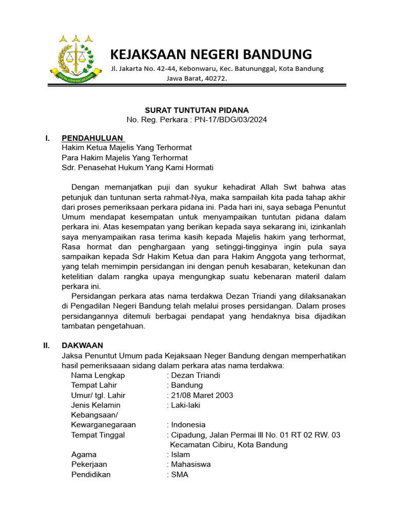 Surat Tuntutan Jpu | PDF