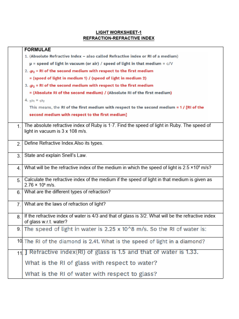 Light Refraction Worksheet | Download Free PDF | Refraction ...
