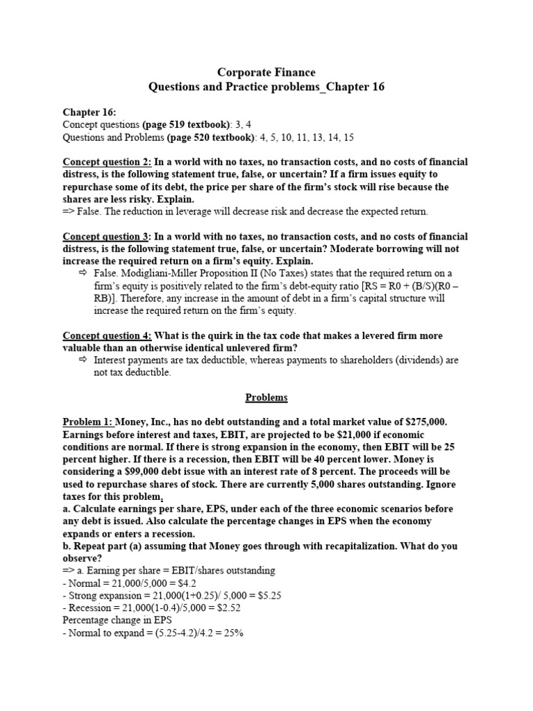 CF - Questions and Practice Problems - Chapter 16 | PDF | Capital Structure | Share Repurchase