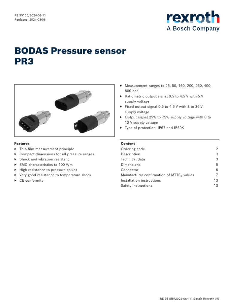 BODAS Pressure Sensor PR3: RE 95155/2024-06-11 Replaces: 2024-03-06 | PDF | Electrical Connector ...
