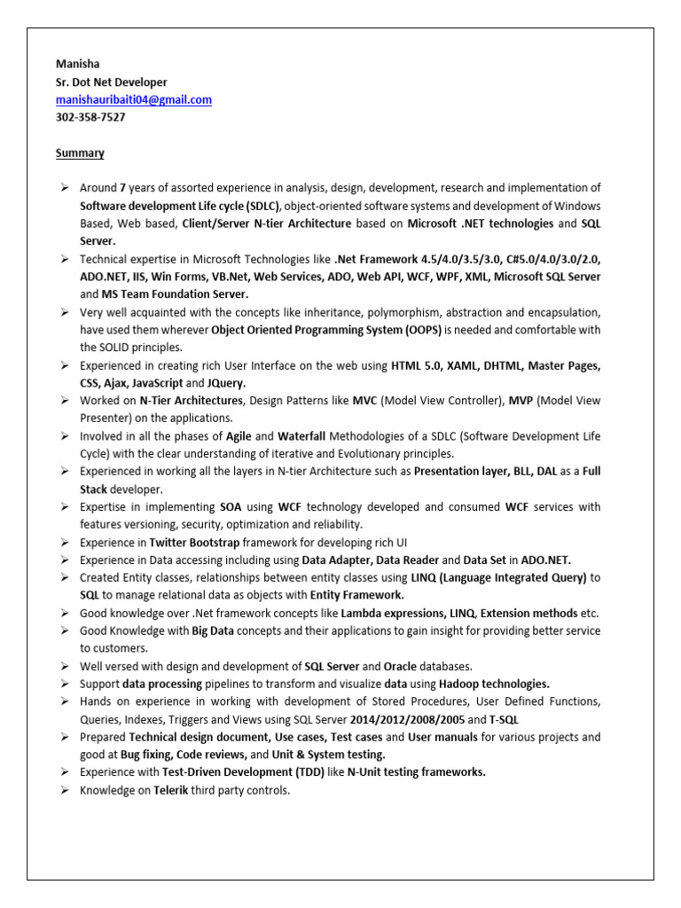Dice Resume CV Manisha Uribaiti | PDF | Language Integrated Query | Microsoft Sql Server