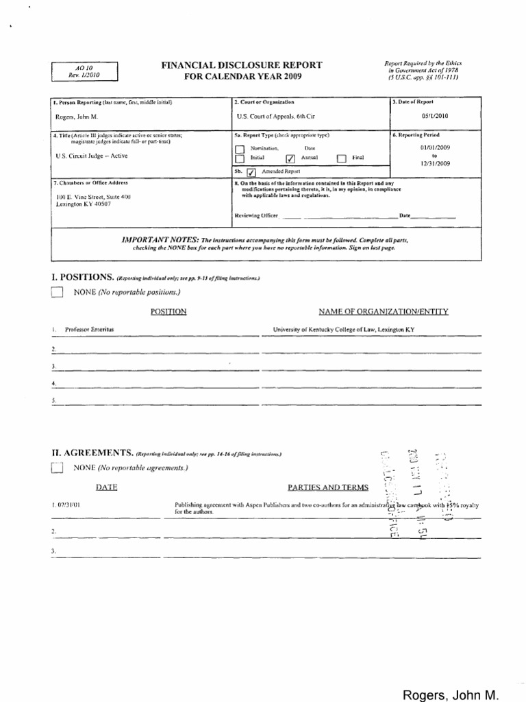 John M Rogers Financial Disclosure Report for 2009 | Judge | Investing