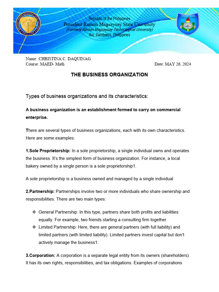 DAQUINAG, CHRISTINA WRITTEN REPORT The Business Org | PDF | Partnership | S Corporation