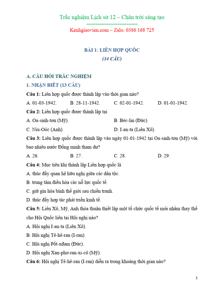 Tn Lich Su 12 Ctst Bai 1 Lien Hop Quoc | PDF
