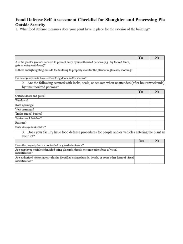 Food Defense Self-Assessment Checklist For Slaughter and Processing ...