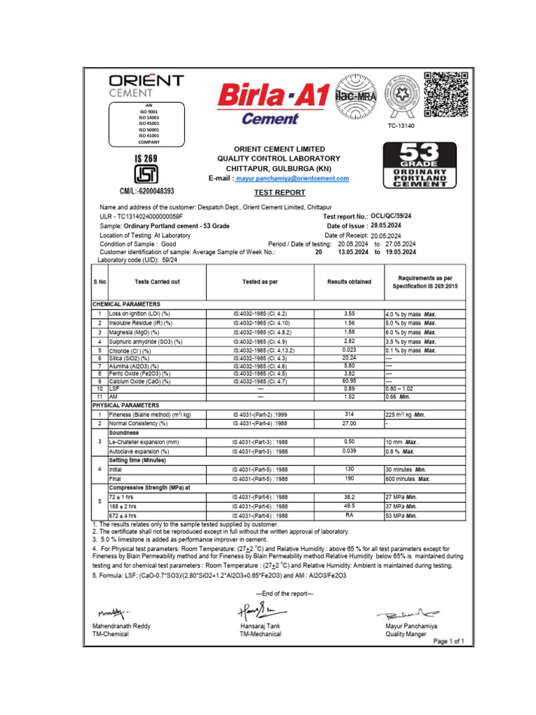 Orient Cement Opc 53 20 2024 | PDF | Building Materials | Chemical ...