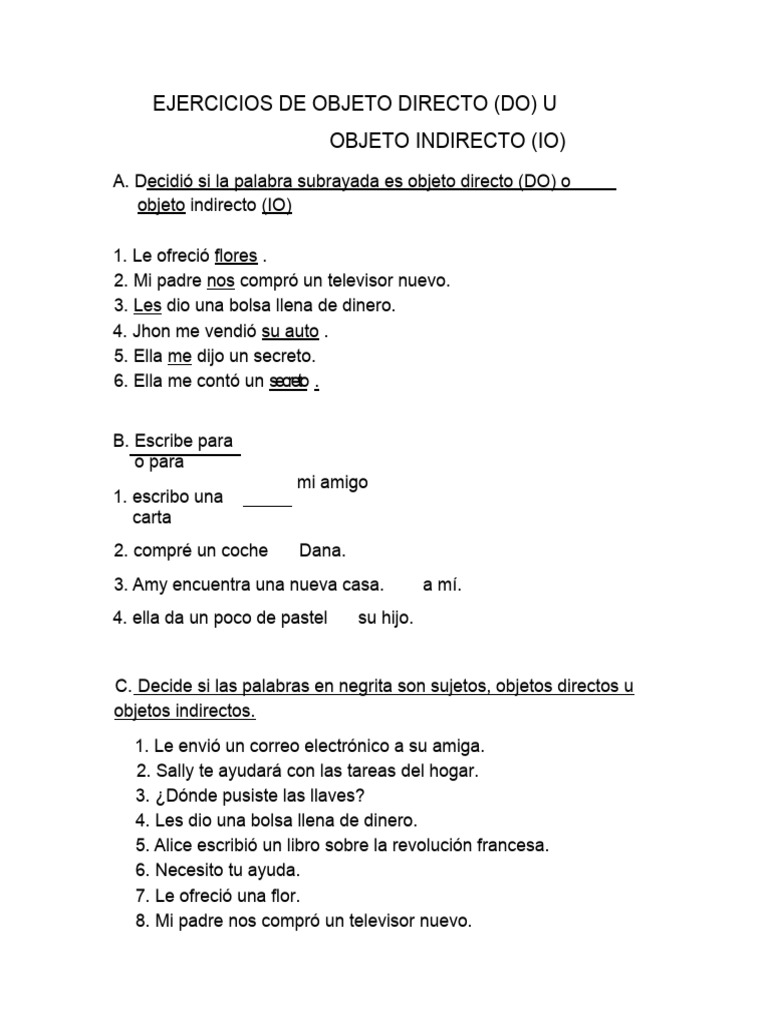 Ejercicios - Objeto Directo e Indirecto | PDF