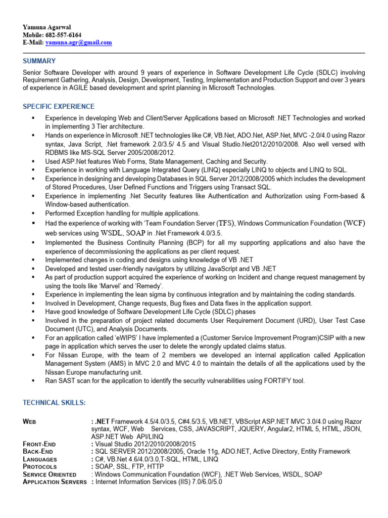 Dice Resume Cv Yamuna Ag Pdf Microsoft Sql Server Language Integrated Query 