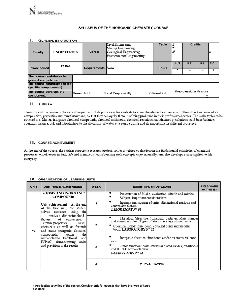 Inorganic Chemistry Syllabus Upn | PDF | Chemistry | Stoichiometry