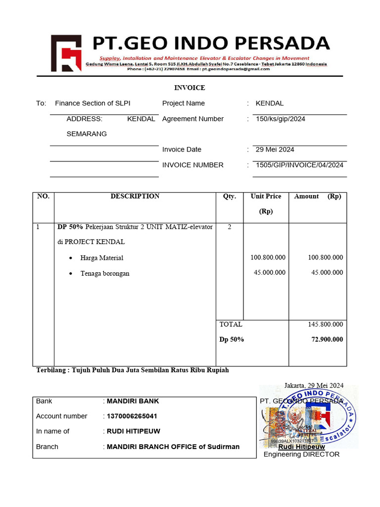 INVOICE DP Struktur Lift | PDF