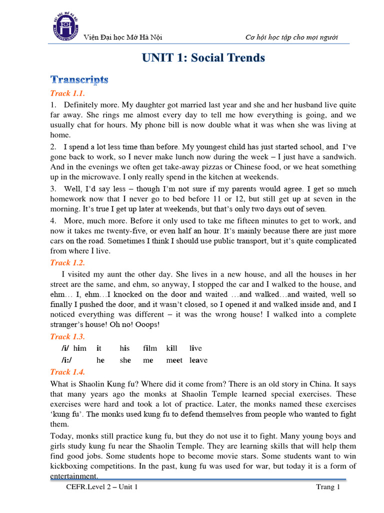 A2-UNIT 1-Social Trends 01112014 OK - Transcripts | PDF | Chinese Martial Arts | Shaolin Monastery