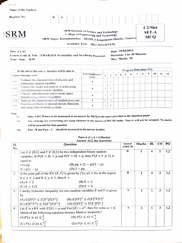 CT2 Answer Key Set A | PDF