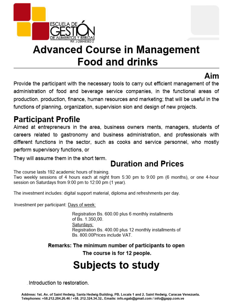 Advanced Course in Food and Beverage Management EGAB | PDF ...