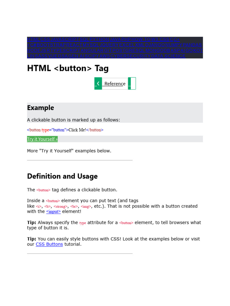 HTML Tag: Example | PDF | Html | Button (Computing)