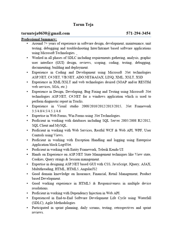 Tarun Teja .Net Resume | PDF | Microsoft Sql Server | Windows Presentation Foundation