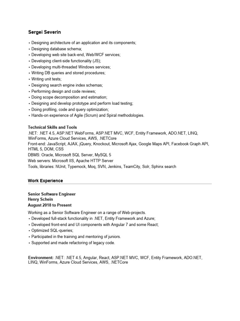Dice Resume CV Sergei Severin | Download Free PDF | Entity Framework | Language Integrated Query