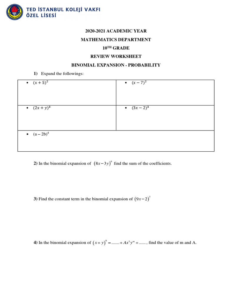 REVIEW OF BINOMIAL EXPANSION AND PROBABILITY Mathematics | PDF | Probability | Statistical Theory