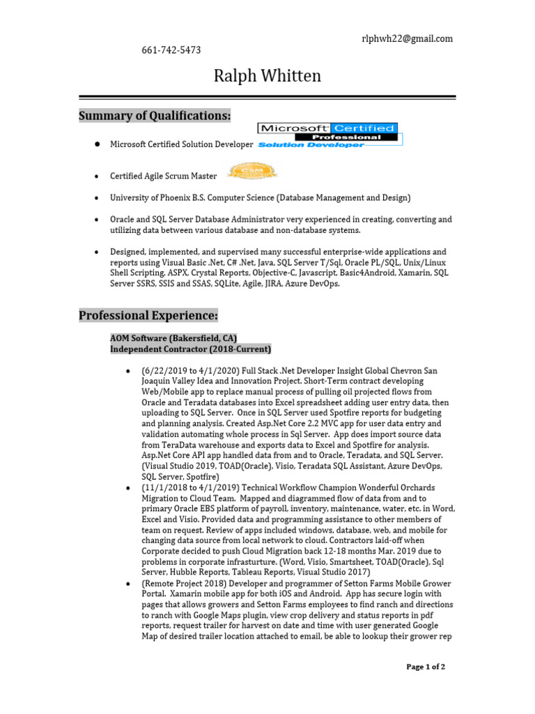 Dice Resume CV Ralph Whitten | PDF | Microsoft Sql Server | Application ...