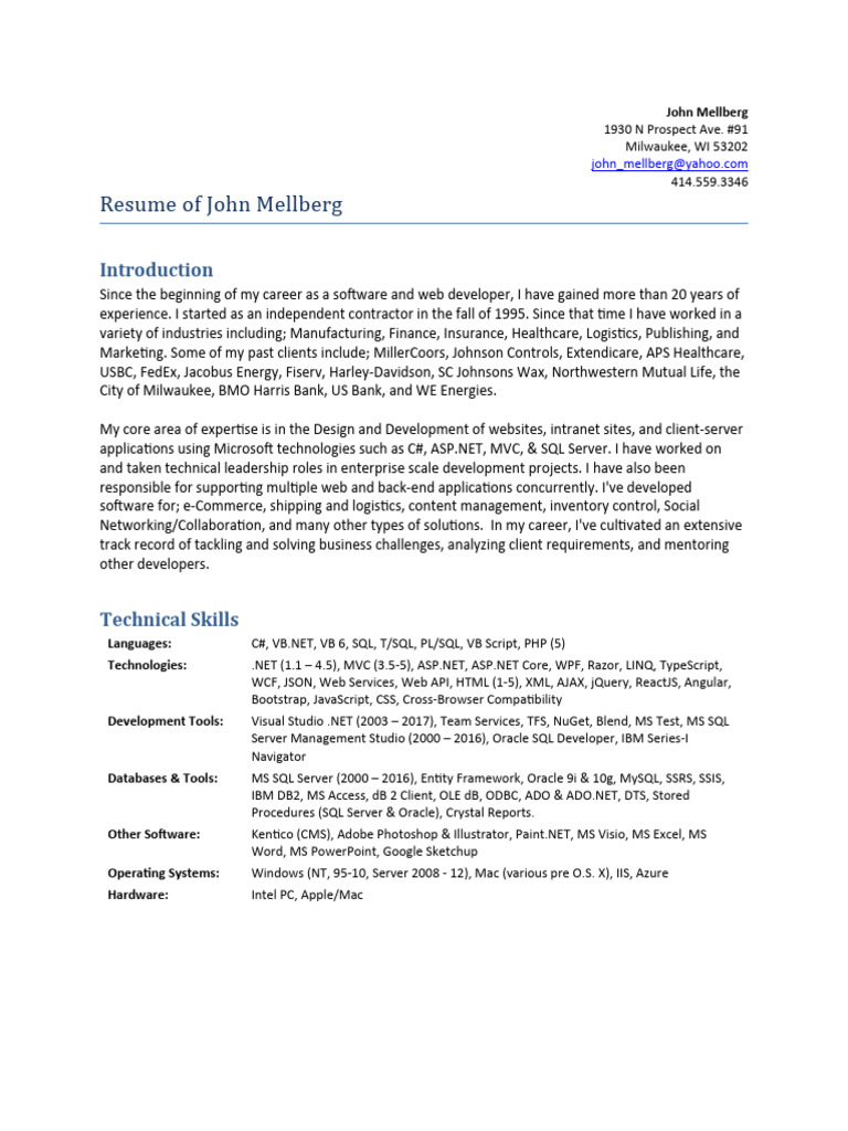 Dice Resume CV John Mellberg | PDF | Dynamic Html | World Wide Web