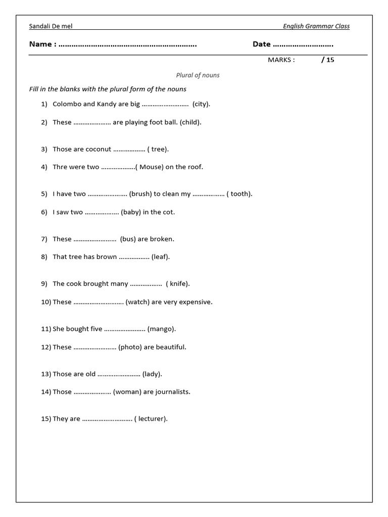 Plural Nouns Exercise for Kids | PDF