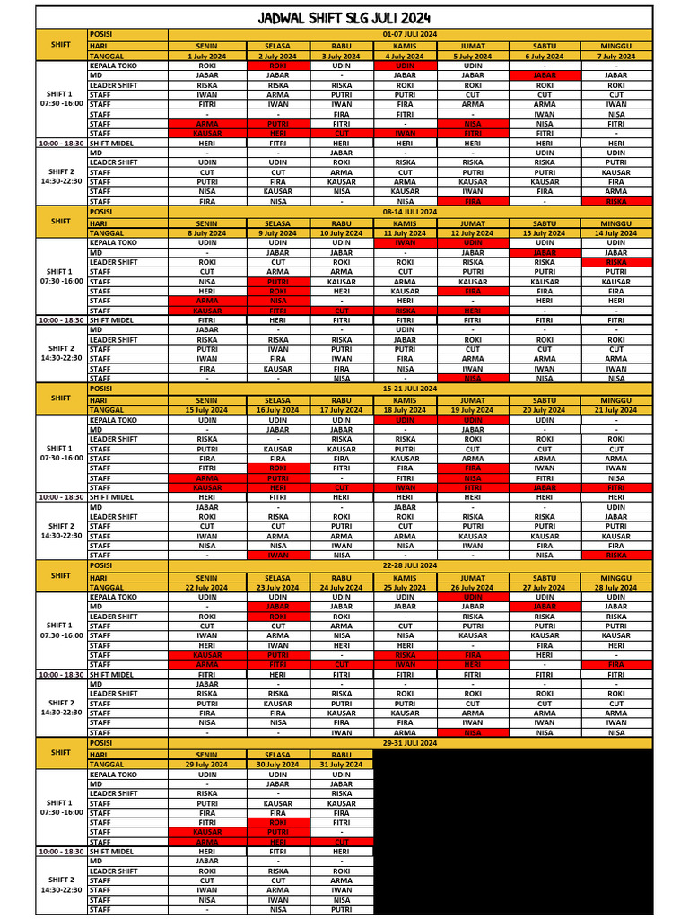 Jadwal Shift ASP 2024 .XLSX - Jadwal SLG Juli 2024 | PDF