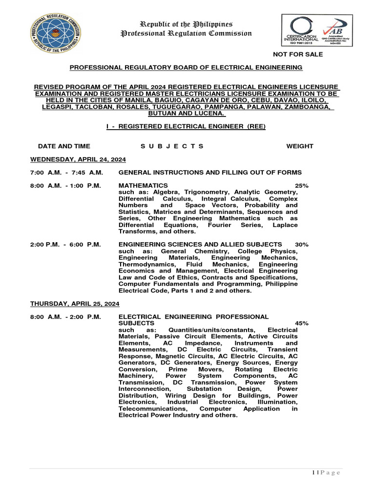 Exam REVISED Program Apr 2024 Eele (Electrical Engg) | PDF | Electrical Wiring | Electrical ...