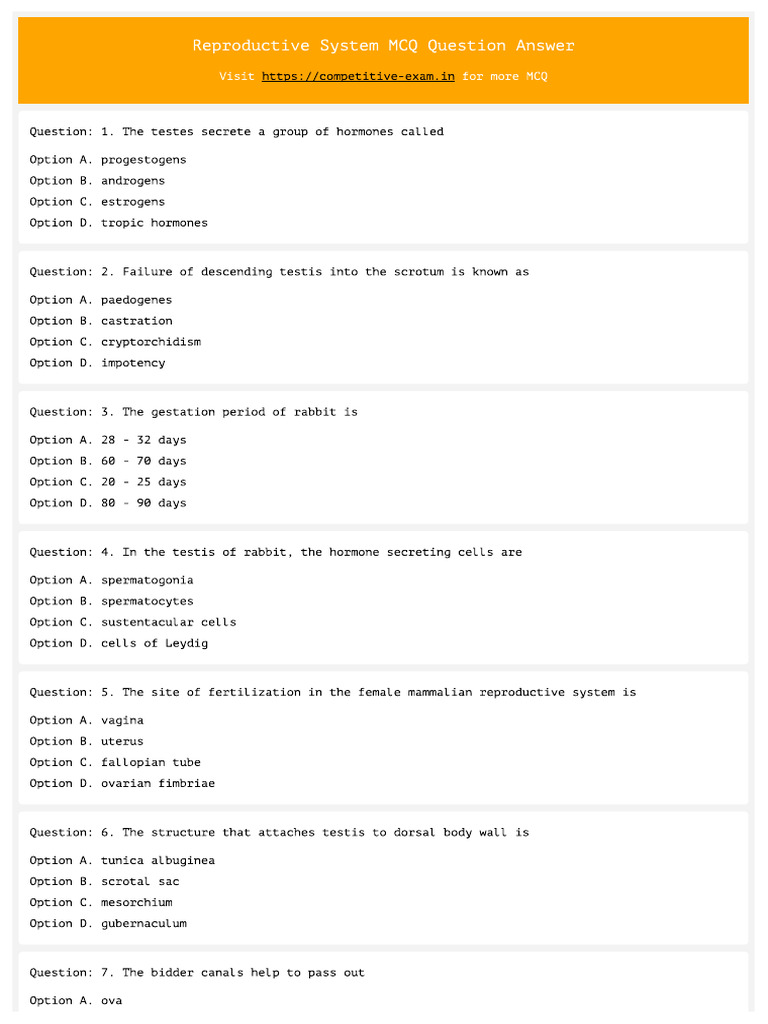 Reproductive System - 30 Free MCQ | PDF