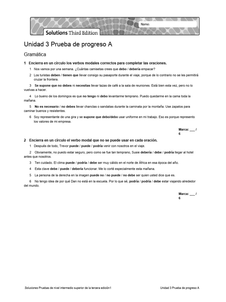 Unidad 3 Prueba de Progreso A: Gramática | PDF