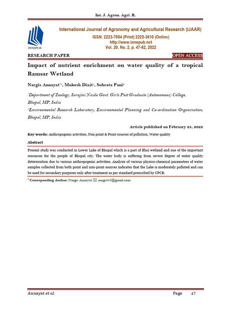 Impact Of Nutrient Enrichment On Water Quality Of A Tropical Ramsar