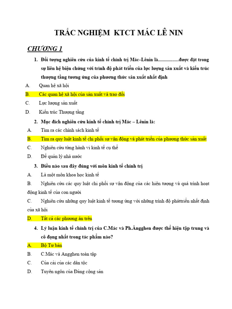 Trắc Nghiệm KTCT Mác Lênin | PDF