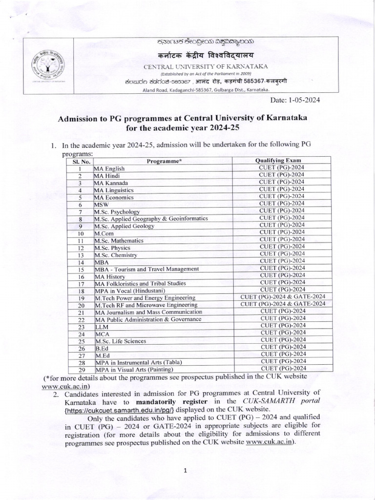 PG Admission Notification 2024-25 | PDF