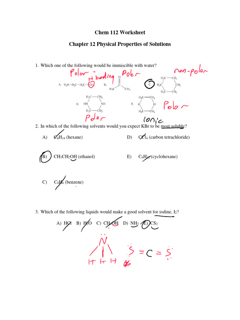 Worksheet Chapter 12 Physical Properties of Solutions | PDF | Water ...
