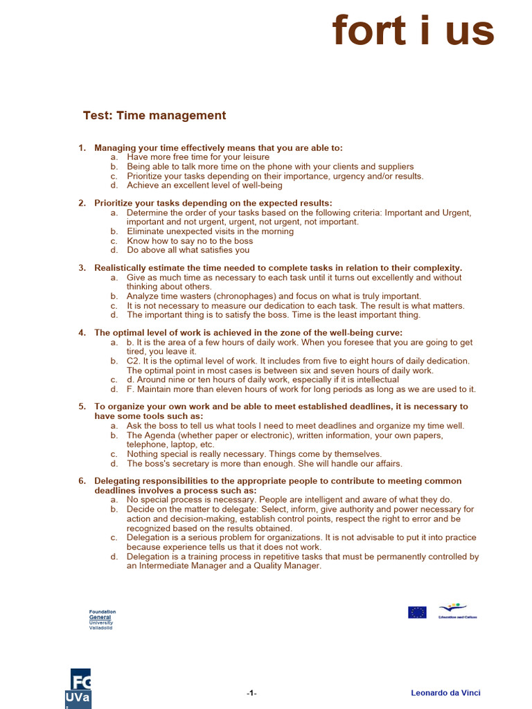 Time Management Test | Download Free PDF | Time Management ...