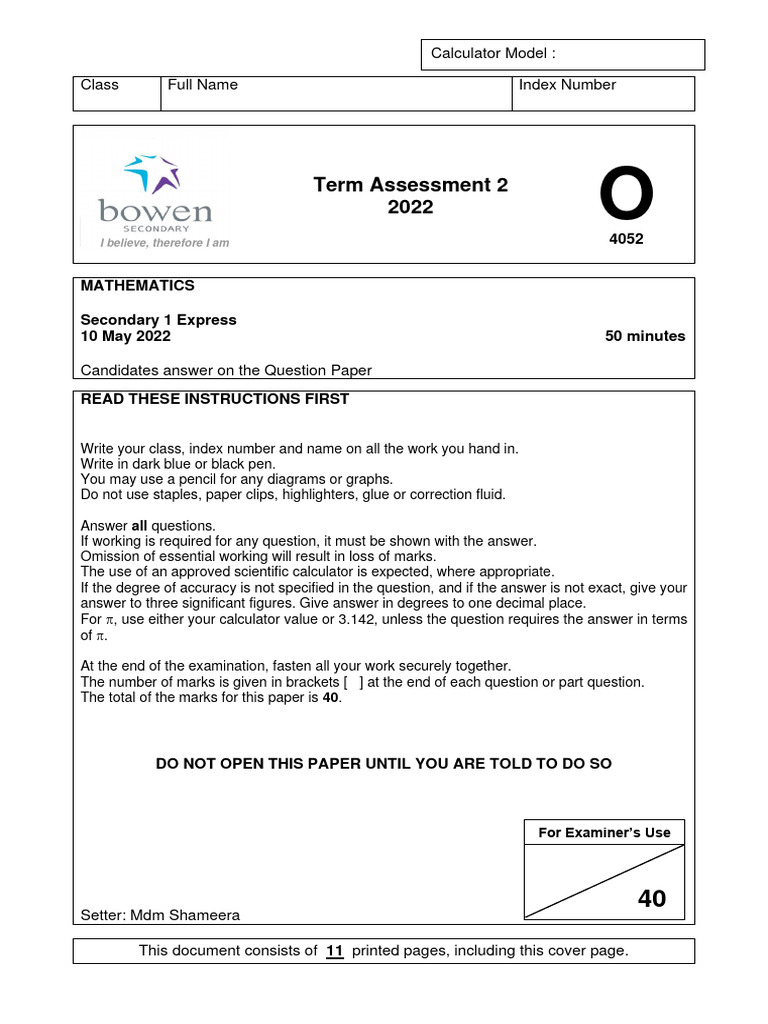 Kami Export - Yap Hong Sik (Bowenss) - Sec 1 TA2 2022 Final | PDF | Equations | Algebra