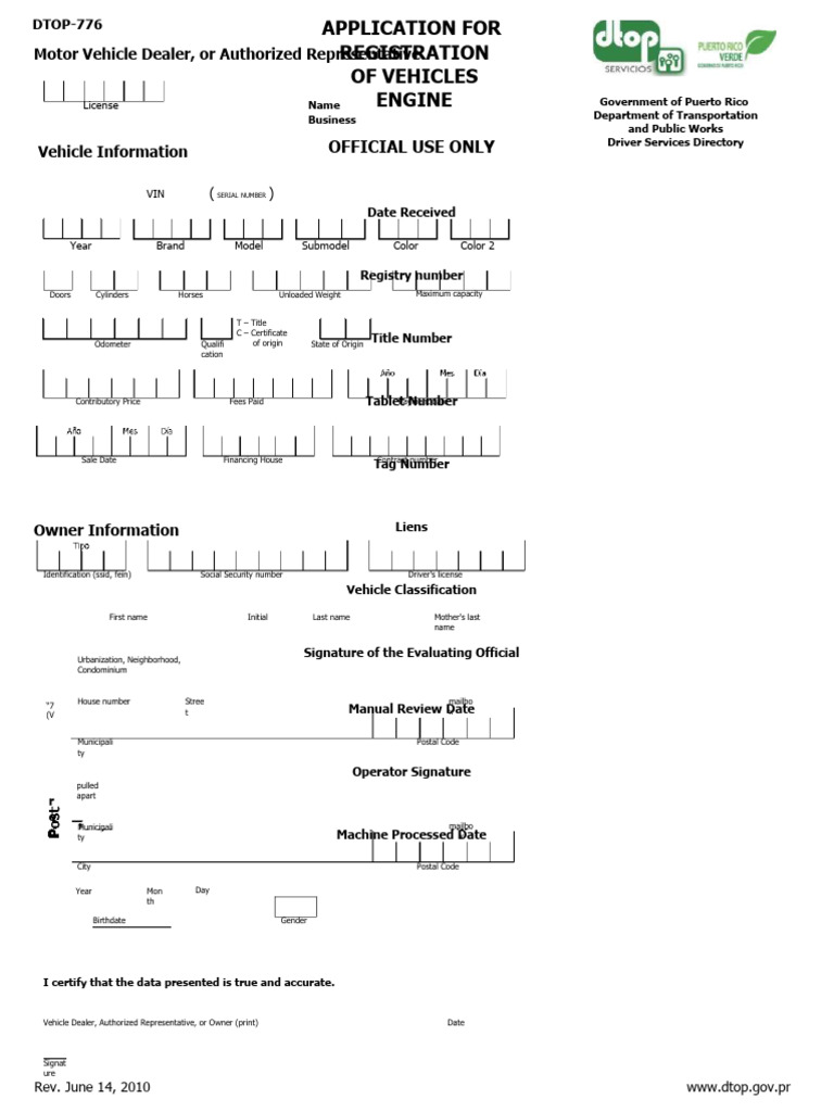 Vehicle Registration Application Form DTOP-776 | PDF | Transport | Vehicles