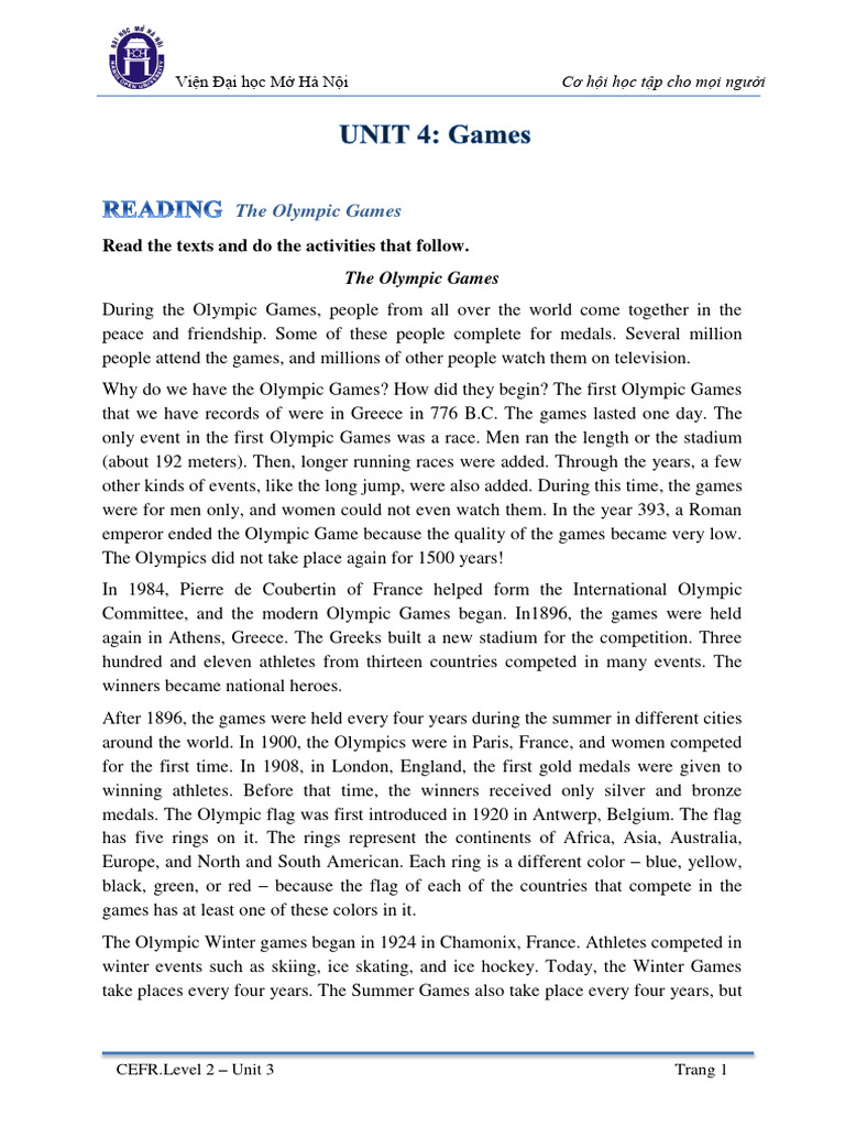 A2-UNIT 4 Games - 02112014 - Reading | PDF | Olympic Games