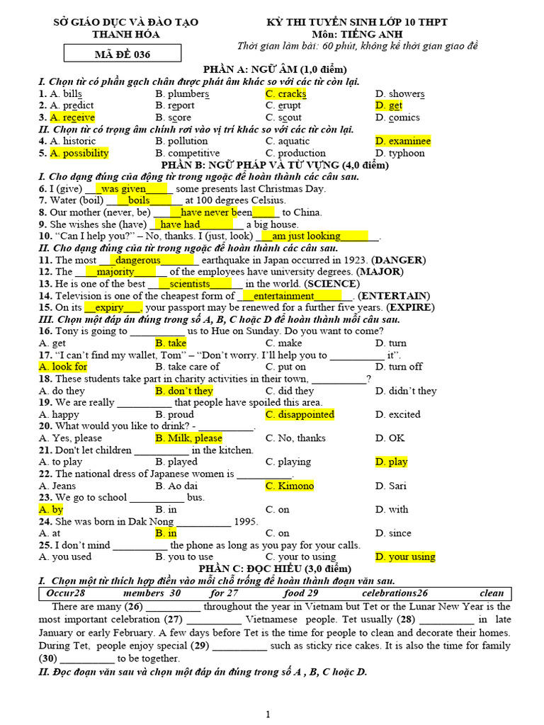 MÃ ĐỀ 036 nokey | PDF | Vietnam