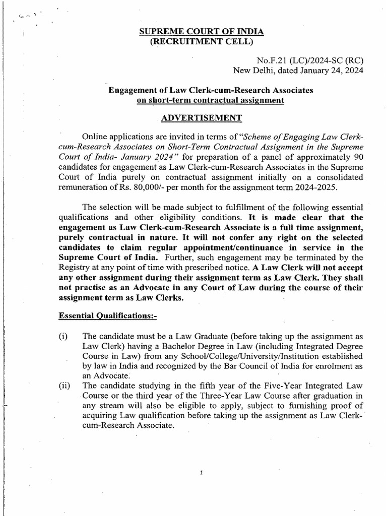 Law Clerk Cum Research Associates in The Supreme Court of India During ...