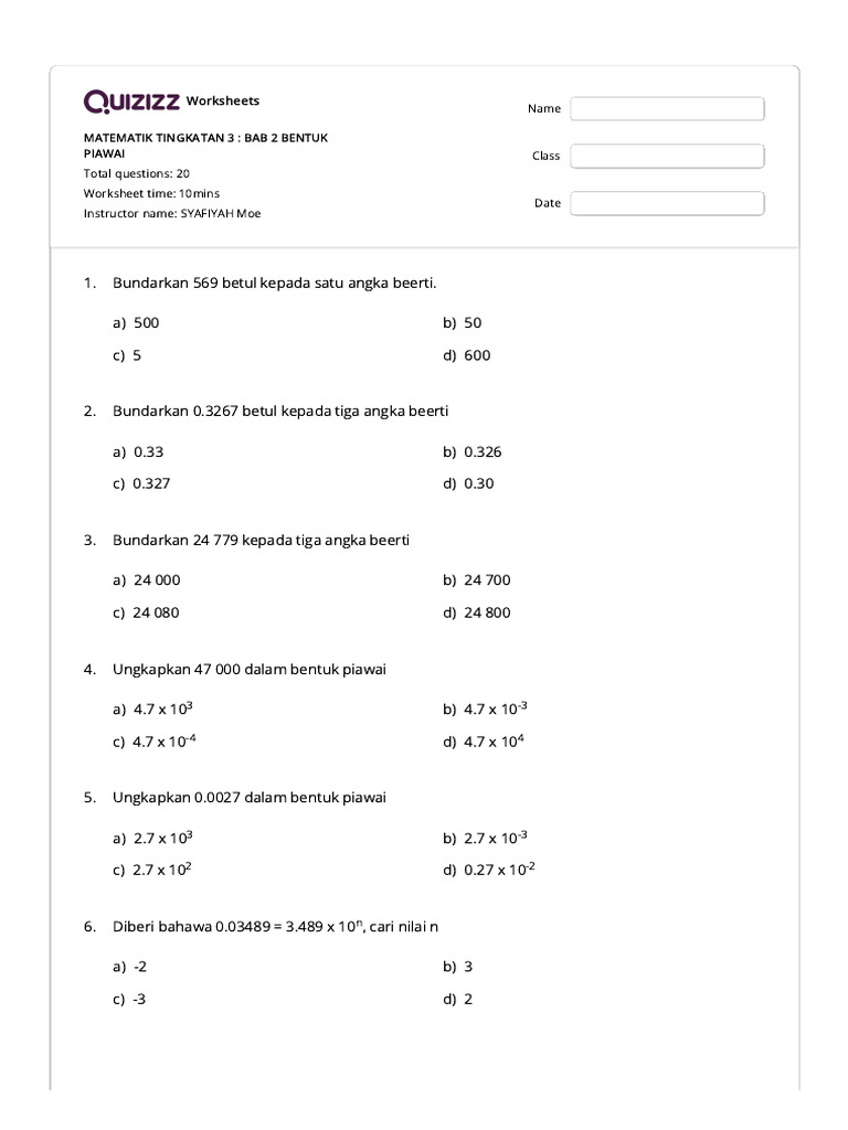 MATEMATIK TINGKATAN 3 - BAB 2 BENTUK PIAWAI - Quizizz | PDF