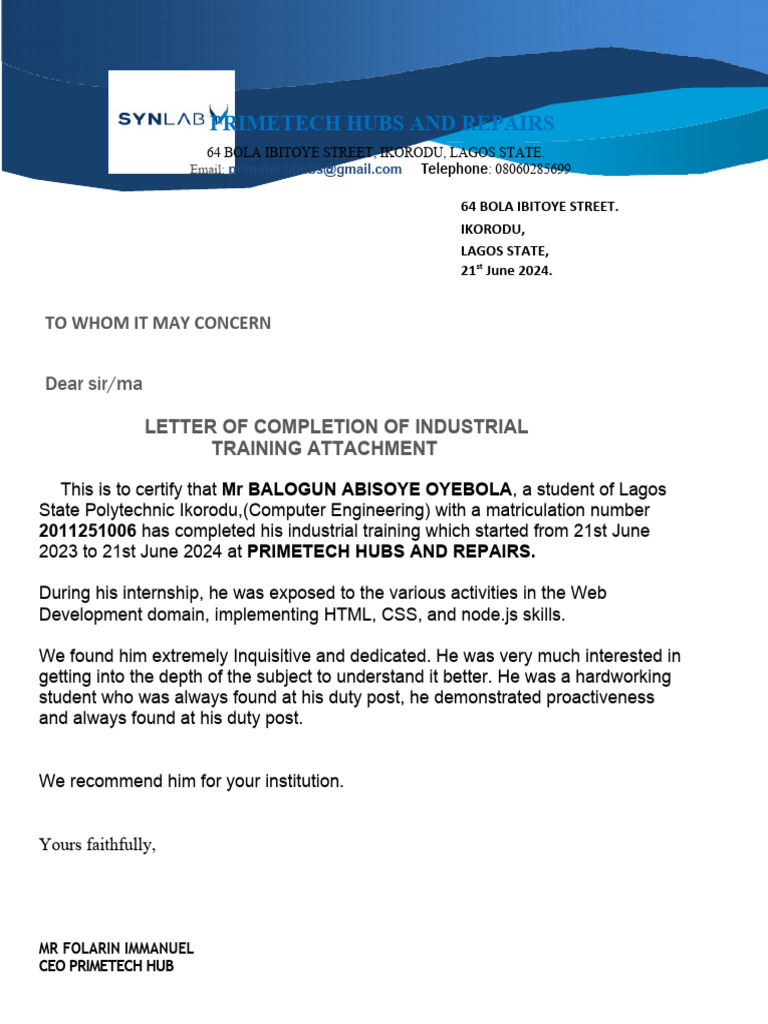 Ogedengbe Joshua It Completion Letter | PDF